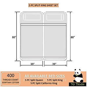 Split King Sheets Sets for Adjustable Bed, Soft 100% Egyptian Cotton 400-Thread-Count, Sateen Weave, 5PC Set with 2 Fitted Sheets, Split-King Sheet Set 25-Inch Deep Pockets, 400-TC - Light Blue Solid