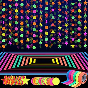 127ft Neon Party Supplies Set, 6 Colors 98.4ft UV Blacklight Reactive Tape, 29ft Neon Paper Garlands Circle Dots Stars Hanging Decorations for Birthday Wedding Glow Party Decorations