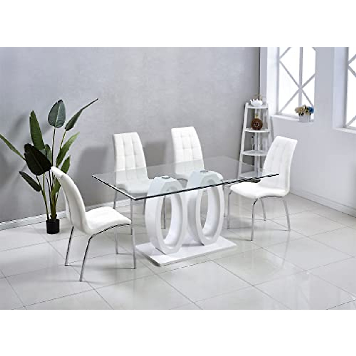 Modern Tempered Glass Dining Table for 6 Persons, 63'' Rectangilar Dining Room Table with Dual O-Shaped High Glossy Wood Base, Elegant Kitchen Table Versatile Glass Table for Home (White)