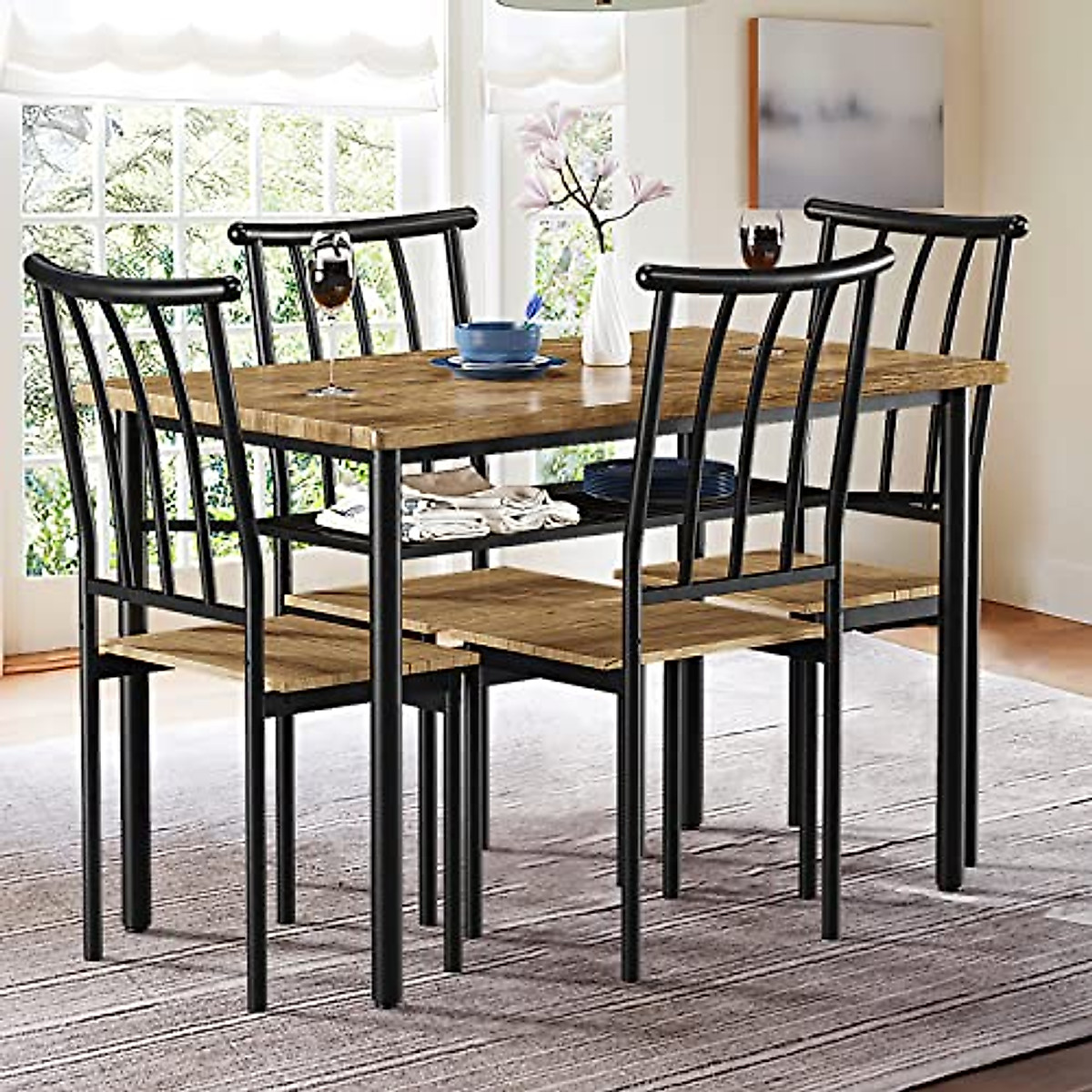 Amyove Dining Room Set for 4 Kitchen Table and Chairs for 4 with Storage Rack, Rustic