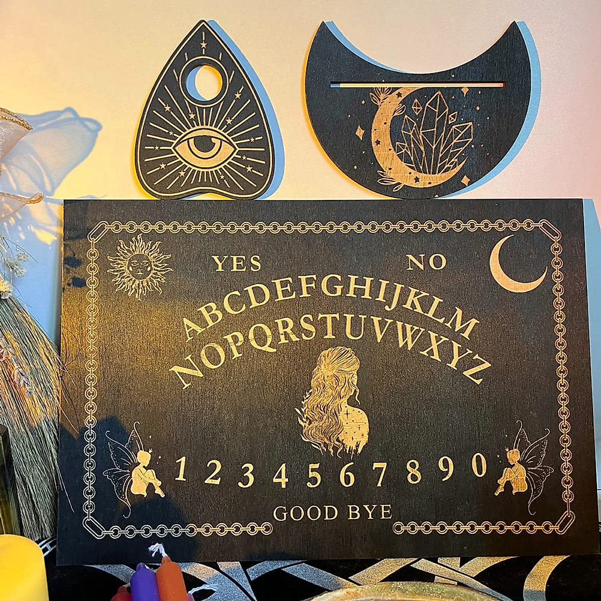 OKDOKEY Black Spirit Board & Tarot Card Stand Kit(3PC) | Black Wooden Laser Engraved Spirit Board | Unique Metaphysical Spirit Game | Talking Board | Seance |Witch Personalized Gift—Classic Series