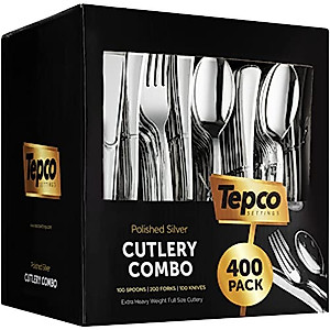 400 Plastic Silver Cutlery Set - Disposable Silverware Set - Flatware Set - 200 Forks - 100 Spoons - 100 Knives - Heavy Duty - Party Bulk