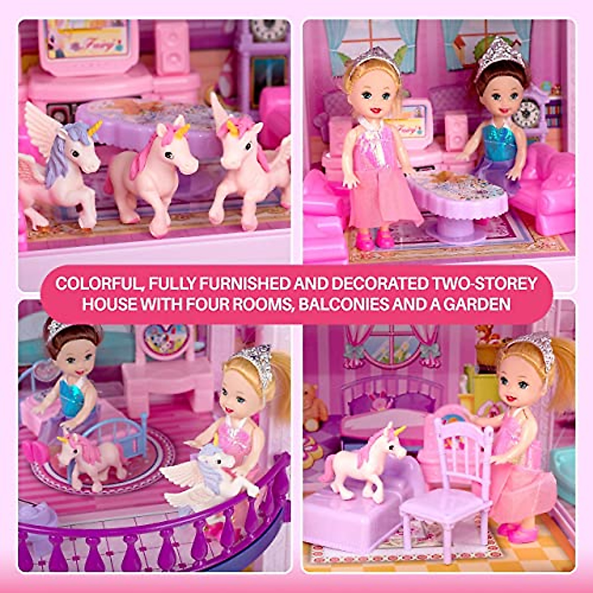 TOMLEON Dollhouse w/ Princesses, 4 Unicorns and Dog Dolls - Pink / Purple Dream House Toy for Little Girls - 4 Rooms w/ Garden, Furniture and Accessories - Girls Ages 3 - 6 (4 Princesses)