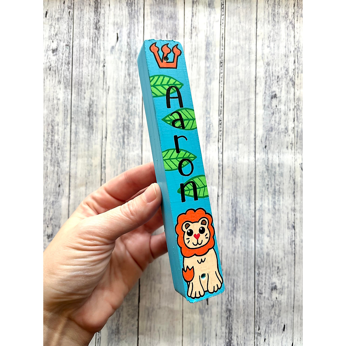Personalized Lion Mezuzah, Hand Painted Wood Scroll Case, Jewish Hebrew Baby Naming, Birthday Nursery, Gift for Bris, Brit Milah