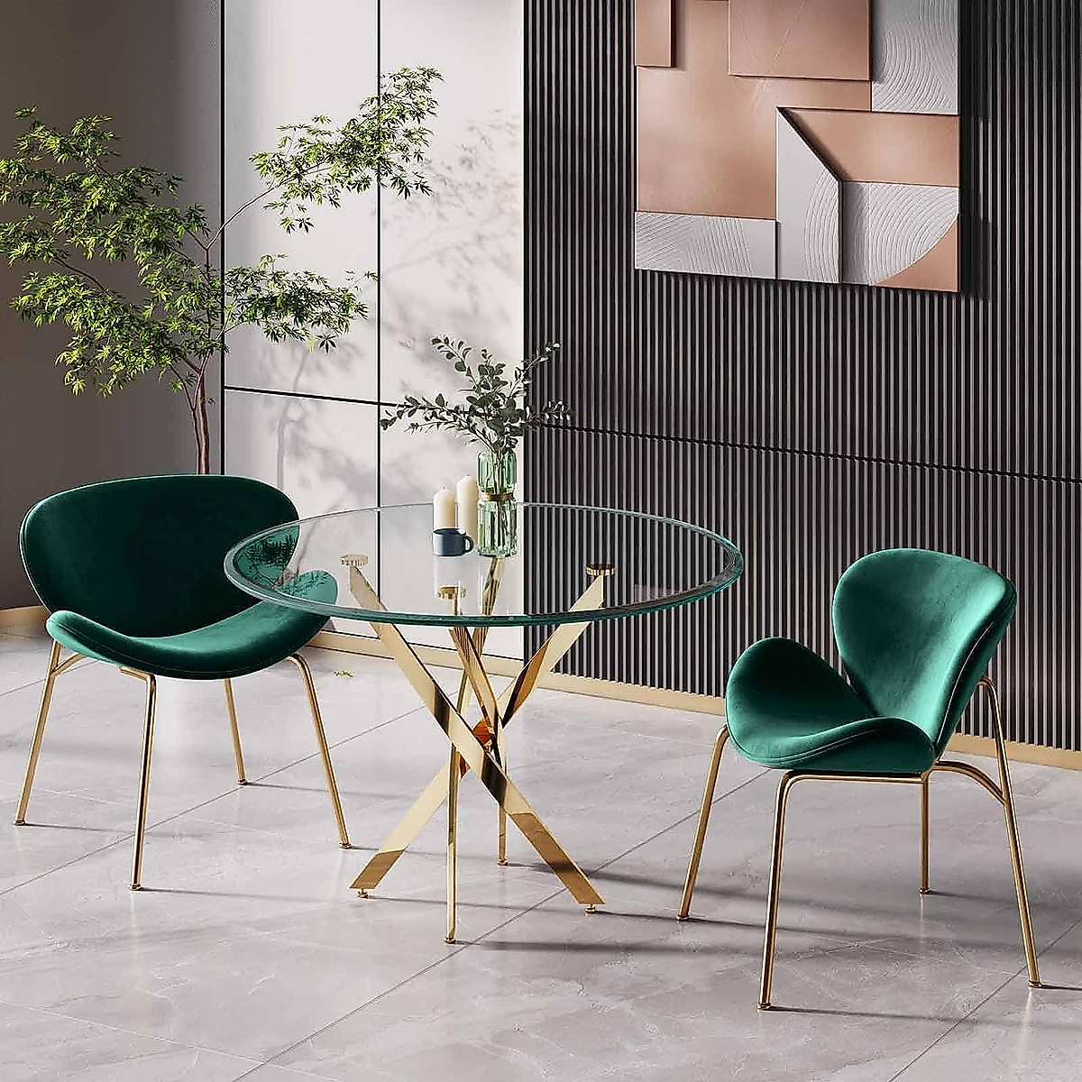 Goderfuu 36 inch Round Dining Table, Modern Dining Room Table with Gold Stainless Steel Base, Circle Tempered Glass Dining Table for 4, Small Dining Table Contemporary Kitchen Table Dinner Table