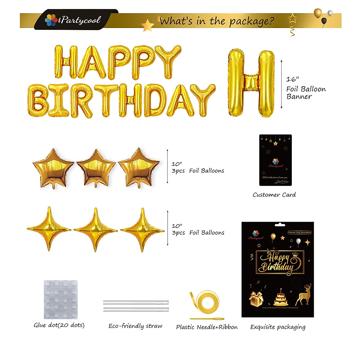 iPartycool 24pcs Birthday Balloons Banner, 3D Gold Premium Mylar Foil Ecofriendly Letter Happy Birthday Banner with 6pcs Star Balloons Kits for Kids Boys Men Adults Birthday Party Decorations HB0G…