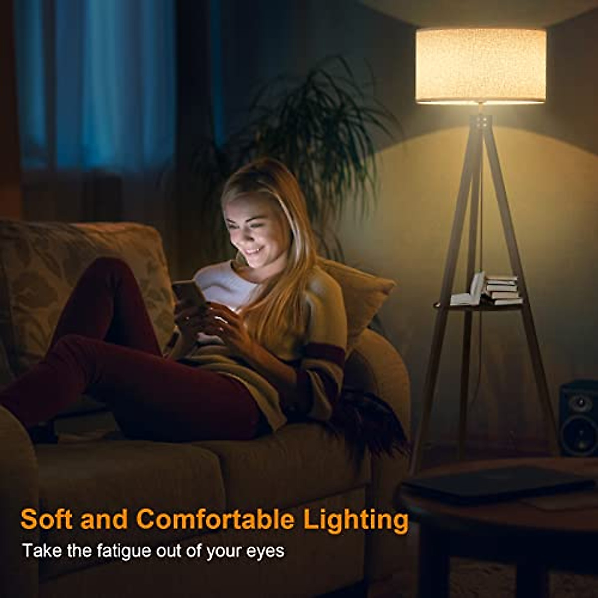 LEPOWER Tripod Floor Lamp, Mid Century Standing Lamp with Shelf, Modern Design Wood Floor Lamps for Living Room, Bedroom, Office, Flaxen Lamp Shade with E26 Lamp Base