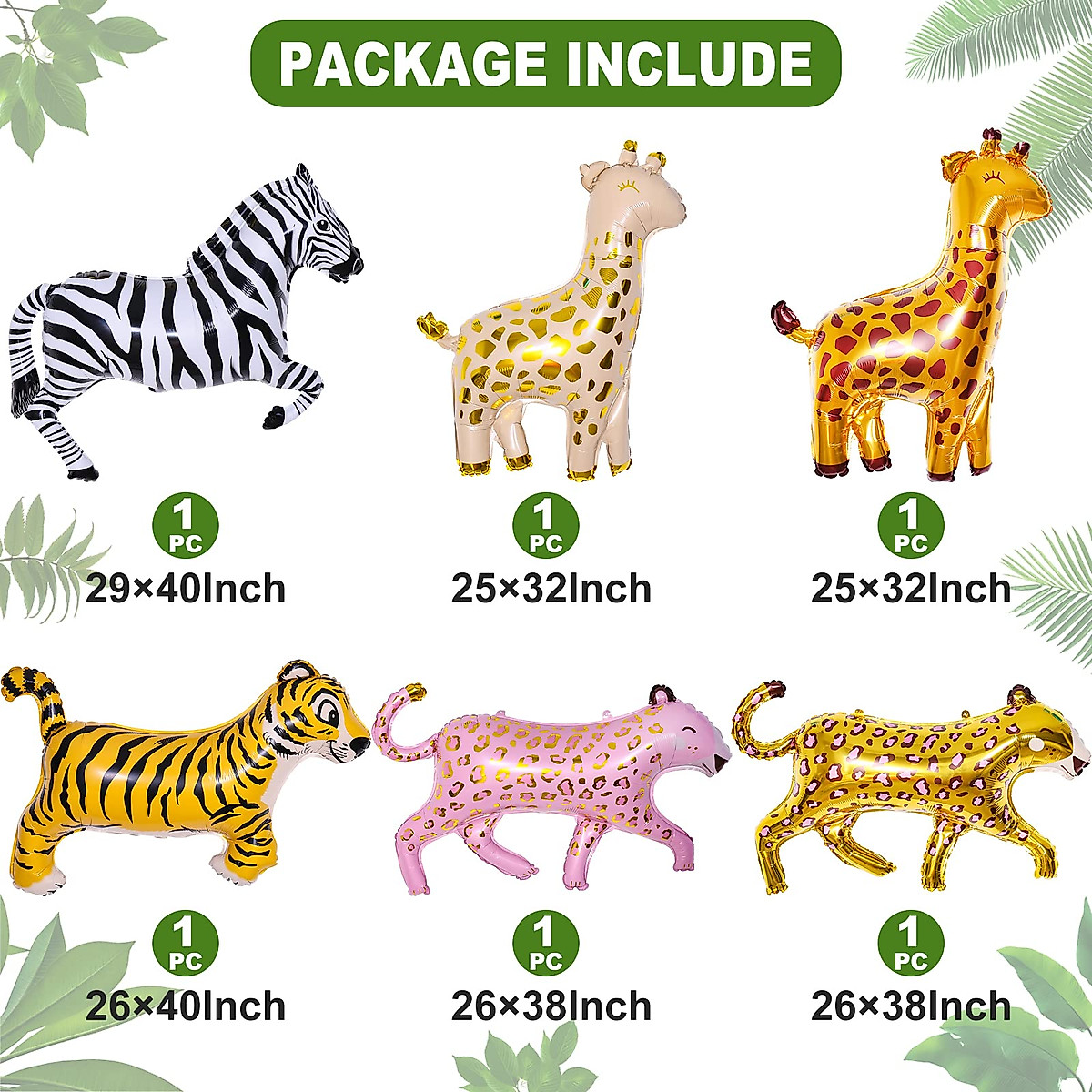 6 Pieces Giant Jungle Safari Animals Balloons,Large Zebra Giraffe Leopard Cheetah Tiger Foil Balloons For Wild One Safari Zoo Jungle Theme Party Baby Shower Birthday Party Decoration