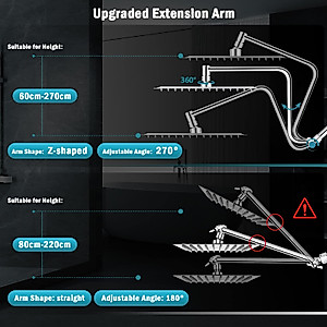 PinWin Shower Head, Upgraded Dual Rain Shower Head with Adjustable Extension Arm, 6-Setting Handheld Combo, Powerful High-Pressure Spray Against Low Pressure Water (12-Inch Showerhead Set, Chrome)
