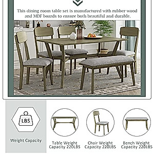 Merax 6-Piece Mid-Century Style Wooden Dining Table Set with 4 Chairs and Padded Bench, Antique Yellow+Gray