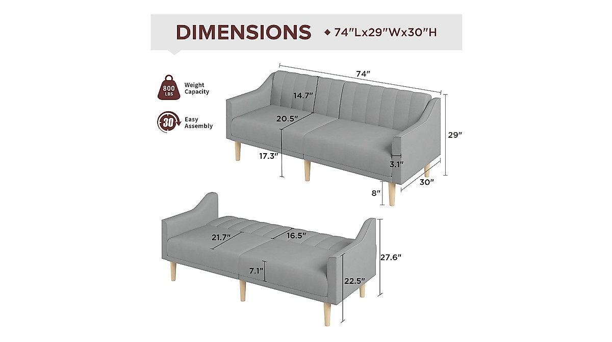 ZeeFu Modern Grey Velvet Futon Sofa Bed - Comfort & Style
