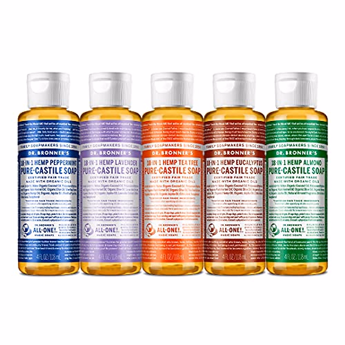 Dr. Bronner's - Pure-Castile Liquid Soap (4 Ounce Variety Pack) Peppermint, Lavender, Tea Tree, Eucalyptus, Almond - Made with Organic Oils, 18-in-1 Uses: Face, Body, Hair, Laundry, Pets and Dishes