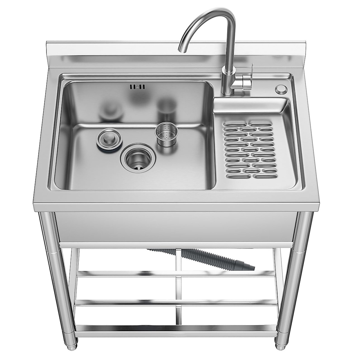 Stainless Steel Utility Sink, Free Standing Laundry Sink with Washboard, Laundry Tub Sink with Cold and Hot Water Faucet for Laundry Room Kitchen Garage Basement Shop Garden, Indoor and Outdoor Sink