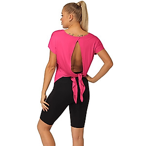 icyzone Open Back Workout Tops for Women - Athletic Activewear T-Shirts Exercise Yoga Shirts (Black/Pink Lychee, M)