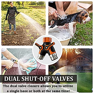 Hose Splitter 2 Way, Heavy Duty Metal Connector, Two Way Garden Hose Splitter, High Flow Spigot Faucet Bib Adapter, Solid Double Y Shut Off Valve for Outdoor Gardening Hoses, Orange