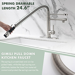 GIMILI Kitchen Faucet with Pull Down Sprayer Commercial Kitchen Faucet Double-Headed Single Handle Spring Stainless Steel Brushed Nickel Kitchen Sink Faucet