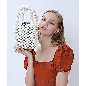Miuco Womens Beaded Handbags Handmade Weave Crystal Pearl Tote Bags Cream