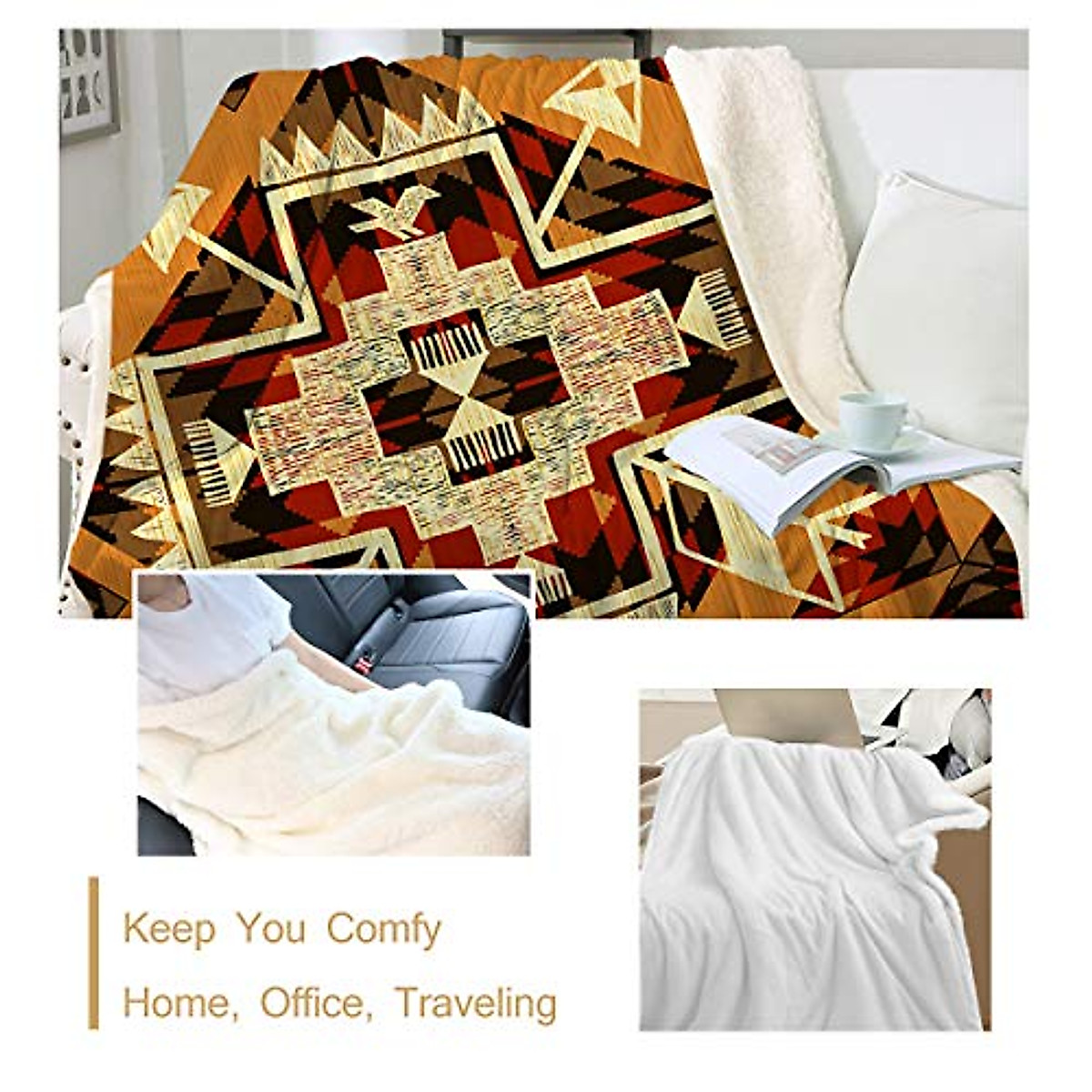 Sleepwish Aztec Southwestern Soft Fleece Throw Blanket Hippy Sherpa Blanket Warm Soft Vibrant Western Decor for American West Inspired Bedroom, Orange and Gold Queen (90" X 90")