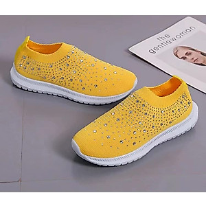 IMPREMEY Women's Sparkle and Shine Rhinestone Glitter Slip-on Mesh Walking Shoe with Non-Slip Sole Yellow