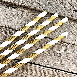 Gold Foil Paper Straws - Striped - Valentine - Wedding Party Supply - 7.75 Inches - 100 Pack - Outside the Box Papers Brand