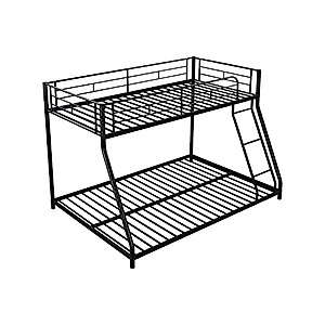 Majnesvon Metal Floor Bunk Bed, Twin Over Full Low Bunk Bed, Heavy Duty Frame with Sloping Ladder and Safety Guardrails for Teens Adults, No Box Spring Needed,Easy Assembly (Black)