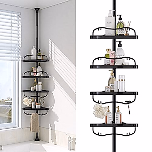 Corner Shower Caddy Tension Pole - Stainless Steel Rustproof Standing Shower Caddies Rack with 4 Tier Shelf for Bathroom Bathtub Organizer,54-114" Adjustable - Black