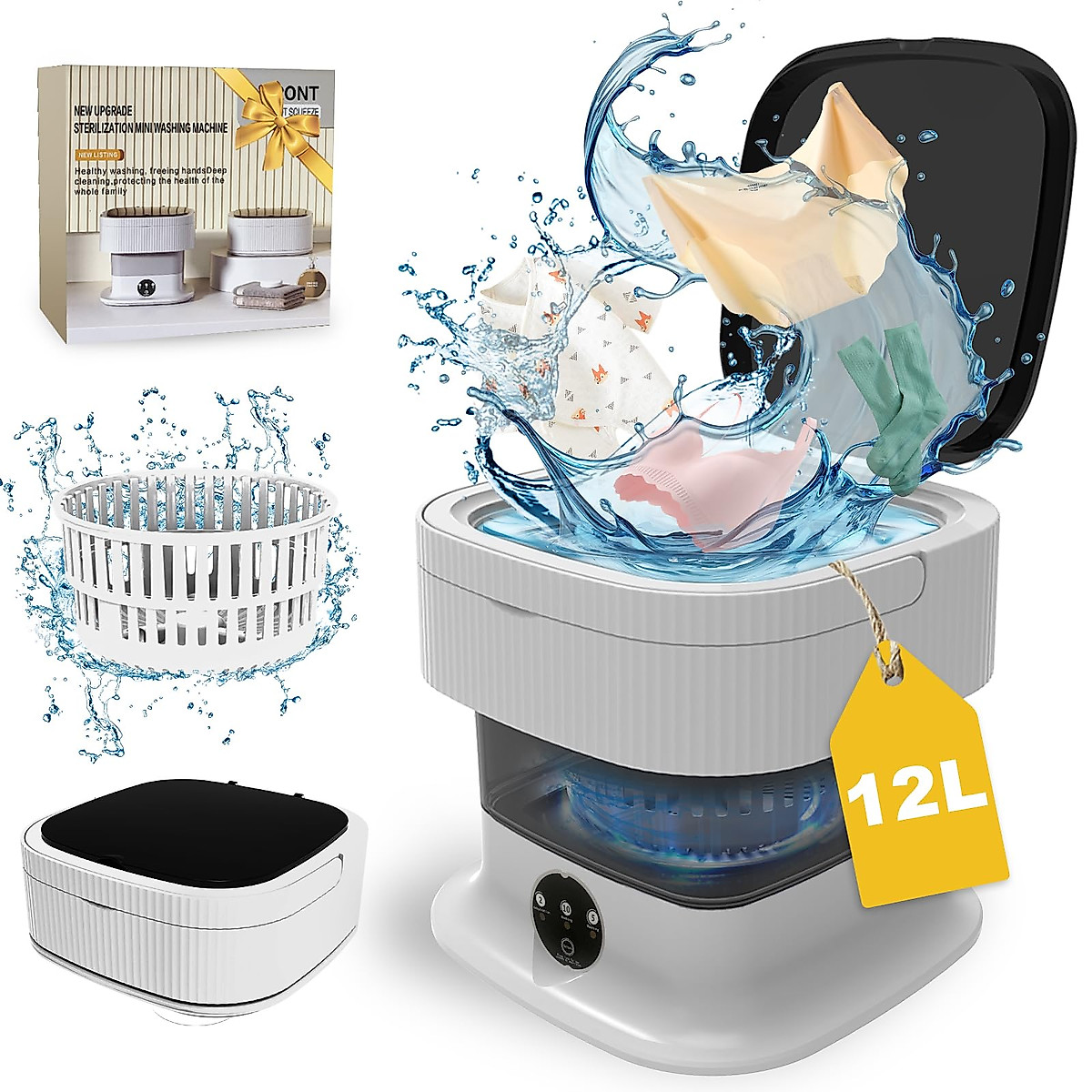 Portable Washing Machine, 12L Large Capacity & 60W, Foldable Mini Washer and Dryer, Compact Folding Small Laundry Washer, Socks, Baby Clothes, Underwear, Towel, Dorm, Camping, Apartment, Travel, Grey