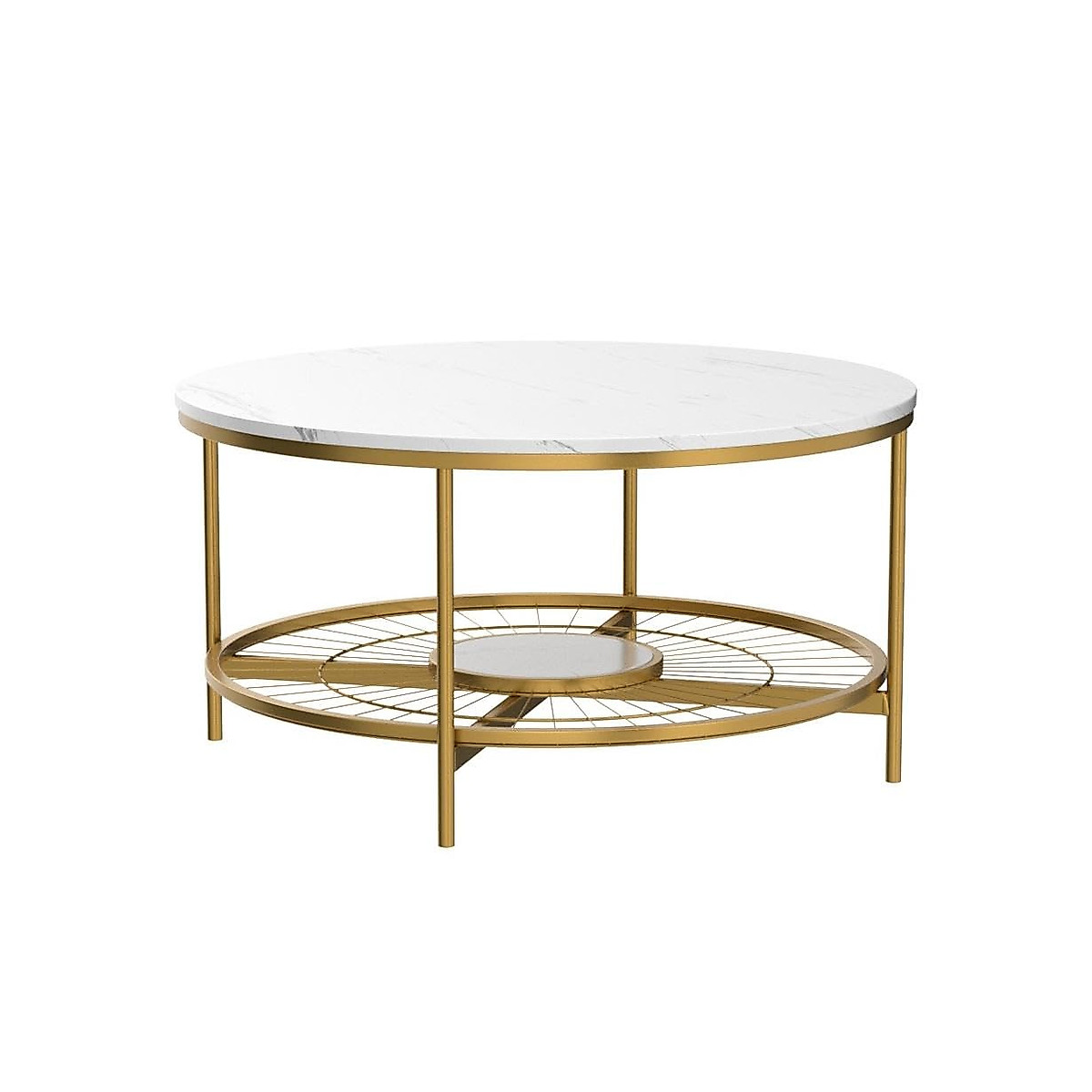 Round Coffee Table for Living Room, Modern Coffee Table with Sun Shape Circle Open Storage,Marble Wooden Tabletop and Sturdy Metal Frame, White and Gold 35.5