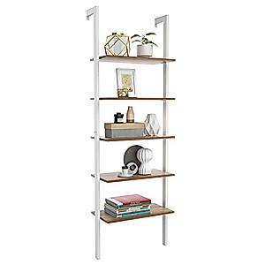 Tangkula Industrial Ladder Shelf Against The Wall, 5-Tier Wall Mount Ladder Bookshelf with Metal Frame, 72 Inches Open Bookcase Plant Flower Stand Display Storage Rack for Home Office