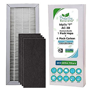 Breathe Naturally - Extra Thick Filters Compatible with Idylis “F” AC-38 Series Air Purifiers - Made for Idylis “F” AC-38/560885 Series(1 Pack Replacement HEPA Filter, 4 Pack Carbon Filters)