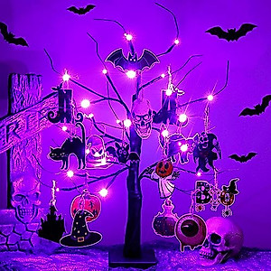 RJZZ 24LED Lighted Halloween Tree 2FT Hocus Pocus Decor Spooky Tree with 21pcs Hanging Ornaments Halloween Decorations Indoor USB/Battery Operated Halloween Decor for Table Centerpiece, Office