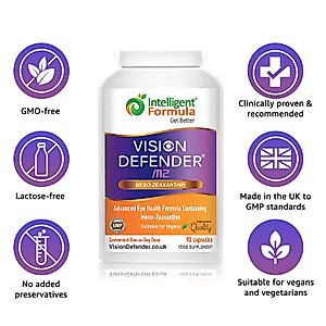 Vision Defender Meso Zeaxanthin Vegan Eye Supplement MZ- Protect and Improve Ocular Health & Eye Care, High Strength Antioxidant Carotenoid Meso-Zeaxanthin for Eyes (90 capsules/One-A-Day) Made in UK