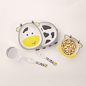 Fekdod Kids Dinnerware Set Bamboo 5 Pcs with Plate Bowl Cup Fork Spoon (Cow)