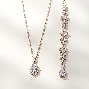 SWEETV Teardrop Wedding Bridal Backdrop Necklace, Rose Gold Cubic Zirconia Back Pendant Necklace for Bride Bridesmaids Women, Body Chain Jewelry for Prom Wedding