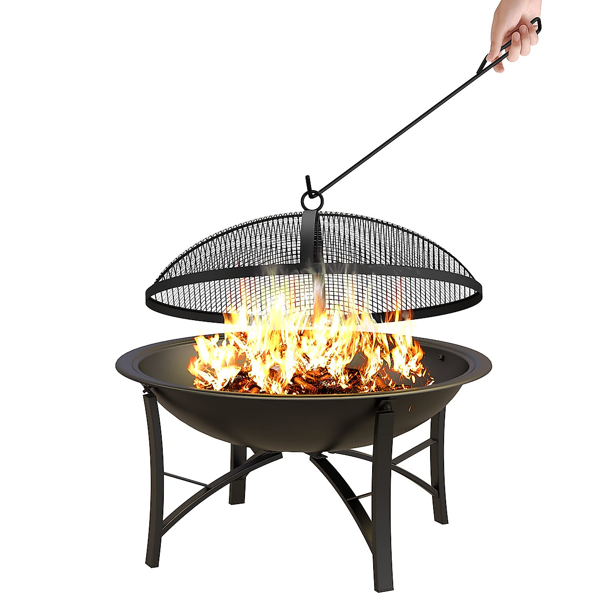 Fire Beauty Fire Pit for Outside Wood Burning,BBQ Grill Steel Fire Bowl with Spark Screen Cover,Log Grate,Poker for Camping Beach Bonfire Picnic Backyard Garden