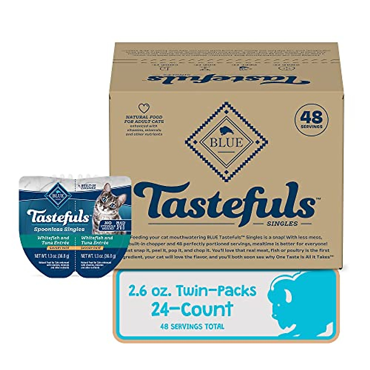 Blue Buffalo Tastefuls Spoonless Singles Natural Wet Cat Food Paté, 2.6-oz Twin-Pack Trays, White Fish & Tuna Entreé (24 Count)