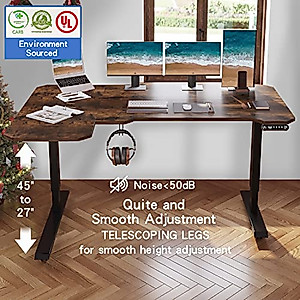 BUNOEM L-Shaped 59" Height Adjustable Electric Standing Desk, Sit and Stand Up Home Office Computer Desk with Splice Board (Rustic Brown Top, Black Frame)