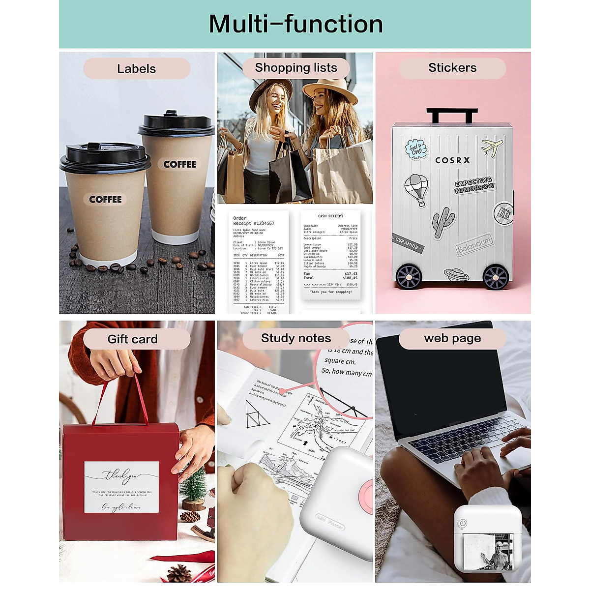 Mini Printer Portable, Inkless Sticker printer with 8 Rolls Paper, Bluetooth Wireless mini thermal printer, Print Pod Compatible with iOS + Android for Journal, Memo, Photo, DIY, Work, Gifts (Pink)