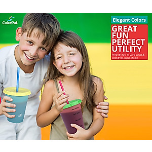 COLORPUL Kids Cups with Straws and Lids- 9 Packs 16 oz- Color Changing Cups - Thick Reusable Insulated Plastic Cups with Straws for Coffee, Smoothie Cups