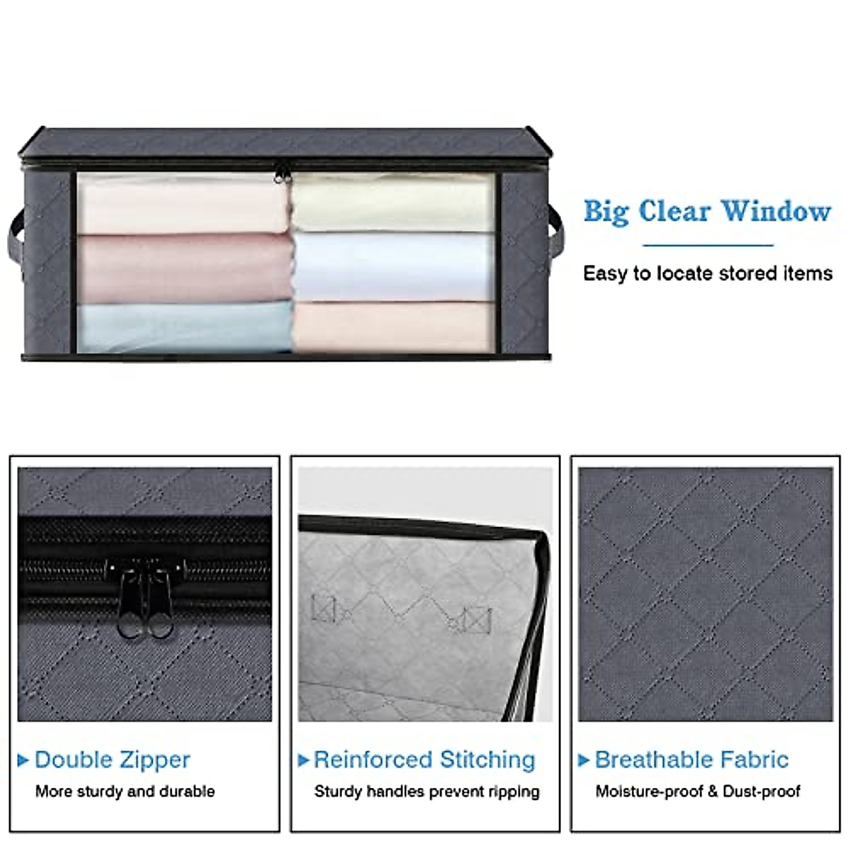 HomeHacks Storage 3-Pack Clothes Organizer Storage Bags Foldable Storage Box with Large Clear Window Sturdy Handles for Closet, Dorm, Pillows, Bedding, Clothes, Stuffed Toys, Blankets, 100L, Grey