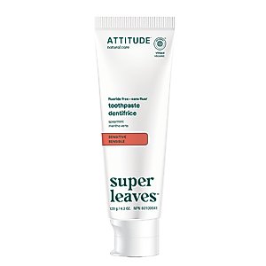 ATTITUDE Fluoride-Free Toothpaste, Plant- and Mineral-Based Ingredients, Vegan, Cruelty-Free and Sugar-Free, Sensitive, Spearmint, 4.2 Oz