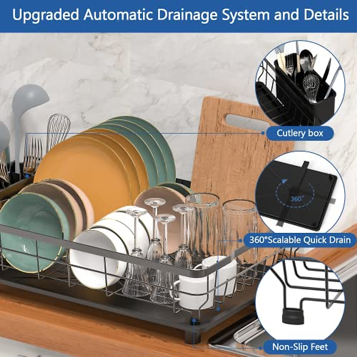 LIONONLY Large Dish Drying Rack with Drainboard, Stainless Steel Dish Rack for Kitchen Counter,Detachable Dish Drainer Organizer Shelf with Utensil Holder Set (Black)