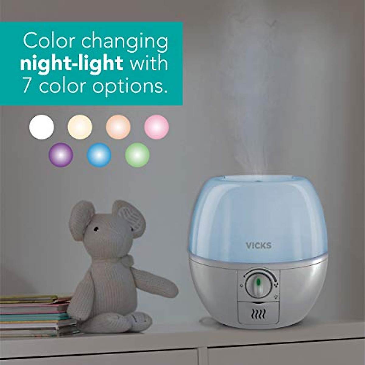 Vicks Filter-Free 3-in-1 SleepyTime Humidifier, Diffuser and Night-Light, Visible Ultrasonic Cool Mist Humidifier with Essential Oil Diffuser for Baby and Kids, White, Standard