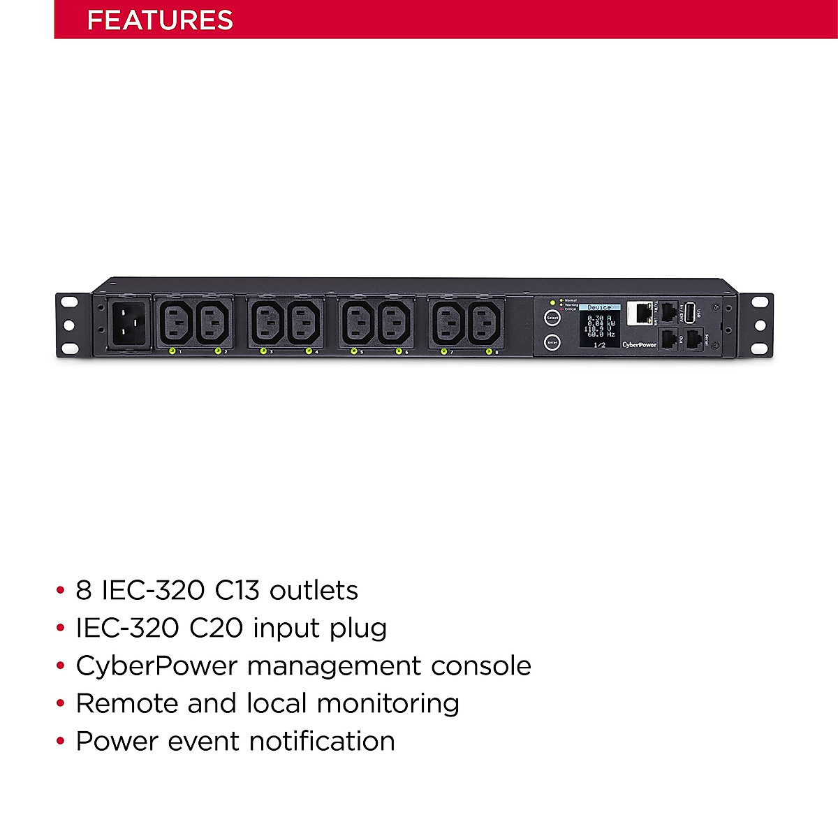 CyberPower PDU81005 Switched Metered-By-Outlet PDU, 100-240V/20A, 8 Outlets, 1U Rackmount