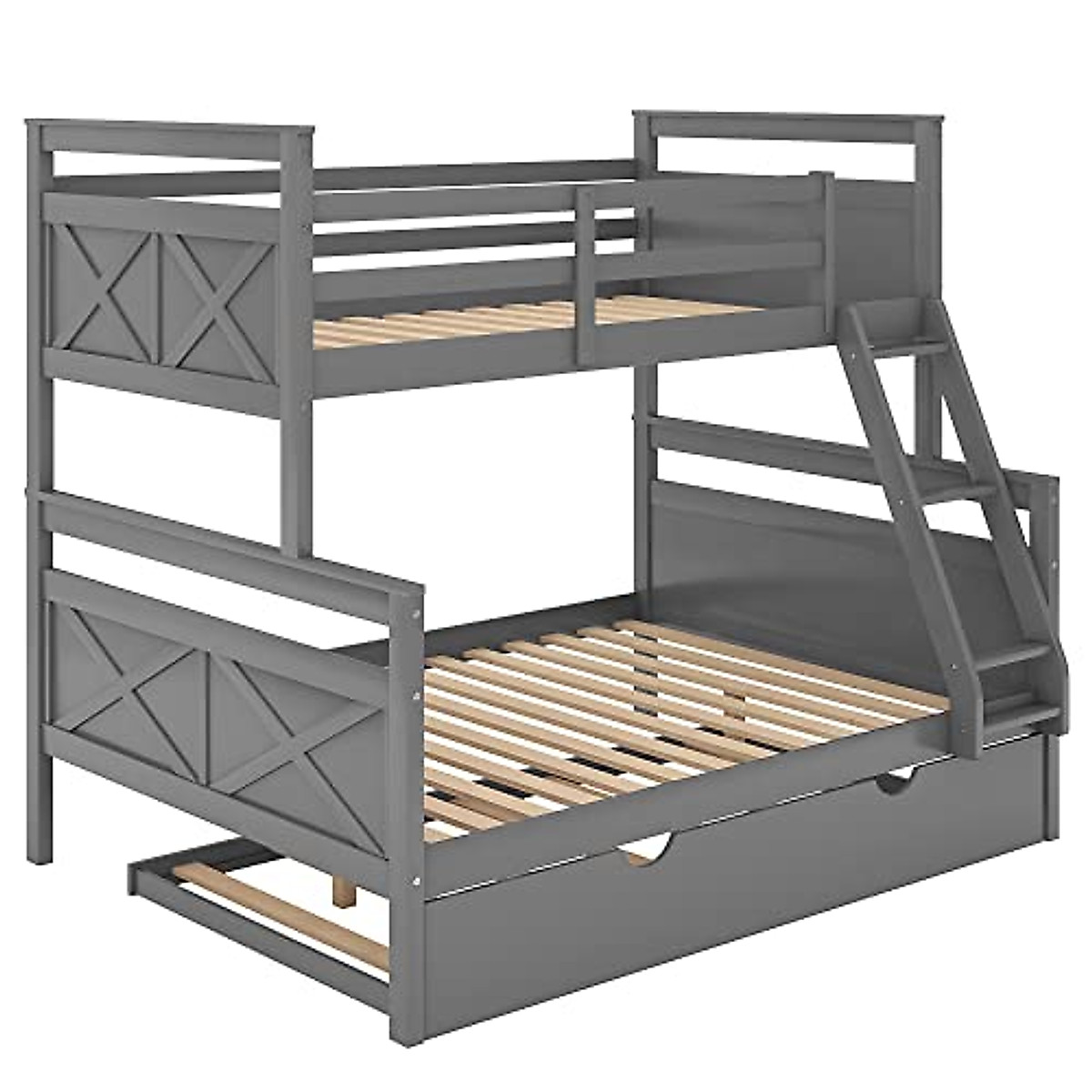 Merax Trundle Bunk Bed, Twin Over Full Wood Bunk Bed with Twin Size Trundle, Solid Wood Bunk Bed Frame with Guardrail and Ladder, Grey