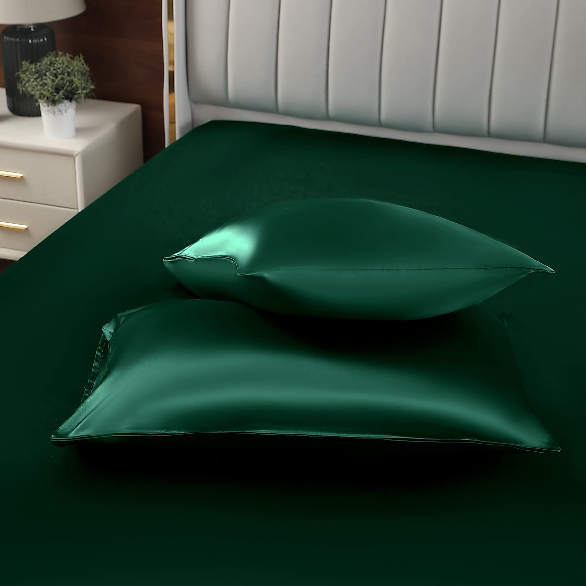 Homiest Blackish Green Satin Pillowcase for Hair and Skin, King Size Pillow Covers Luxury & Ultra Soft Pillow Cases Set of 2, Cooling Pillowcovers with Envelope Closure, Anti Wrinkle, 20 x 40 Inch