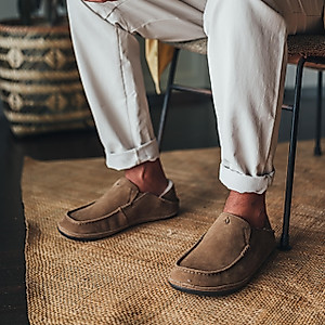 OLUKAI Kipuka Hulu Men's Leather Slippers, Premium Nubuck Leather Slip On Shoes, Shearling Lining & Gel Insert, Drop-In Heel Design, Toffee/Toffee, 12