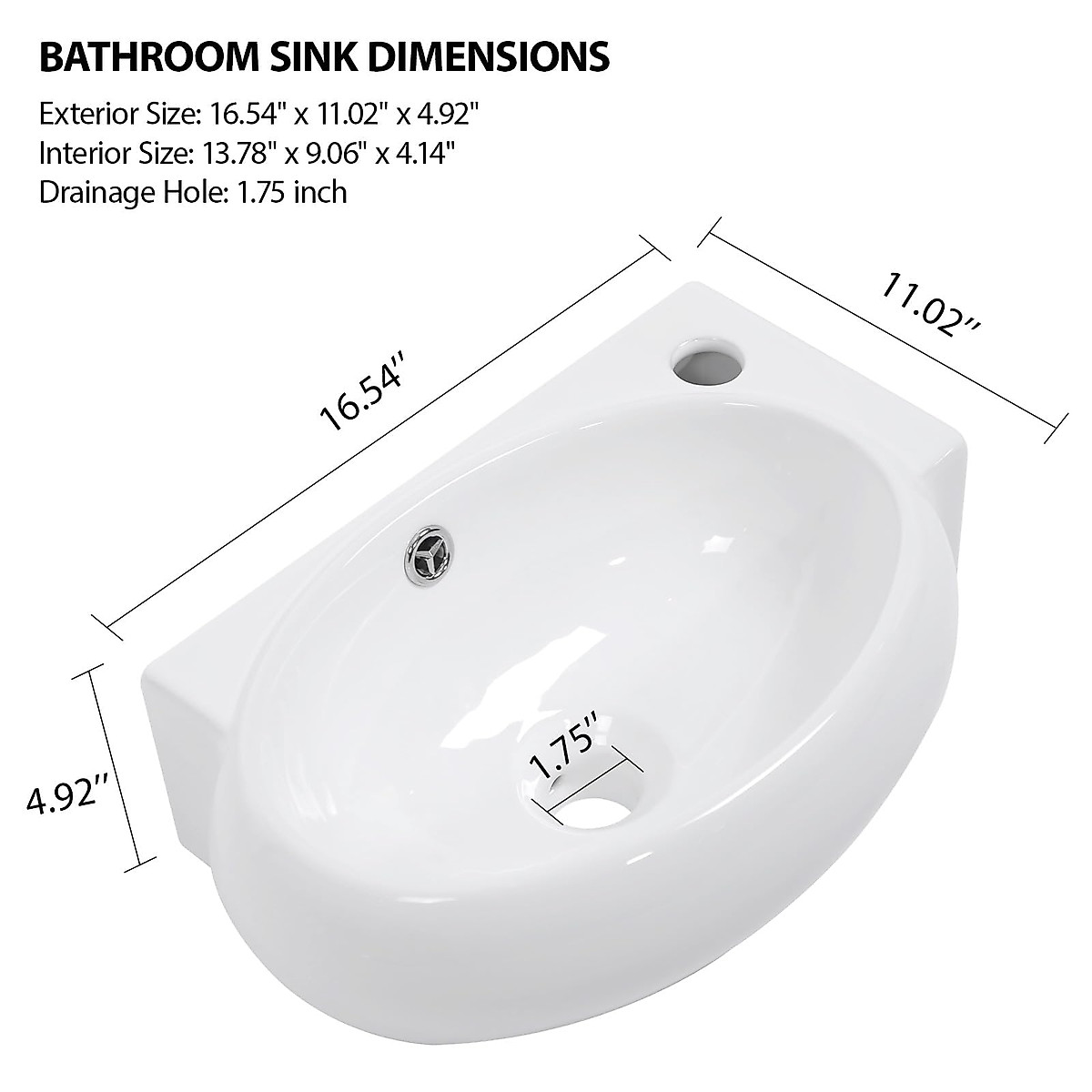 Funmier Wall Mount Vessel Sink Right Hand - 16 x 11 Inch Oval Bowl Rectangular Wall Hung Bathroom Sink Basin White Ceramic Porcelain Modern Floating Vessel Sink
