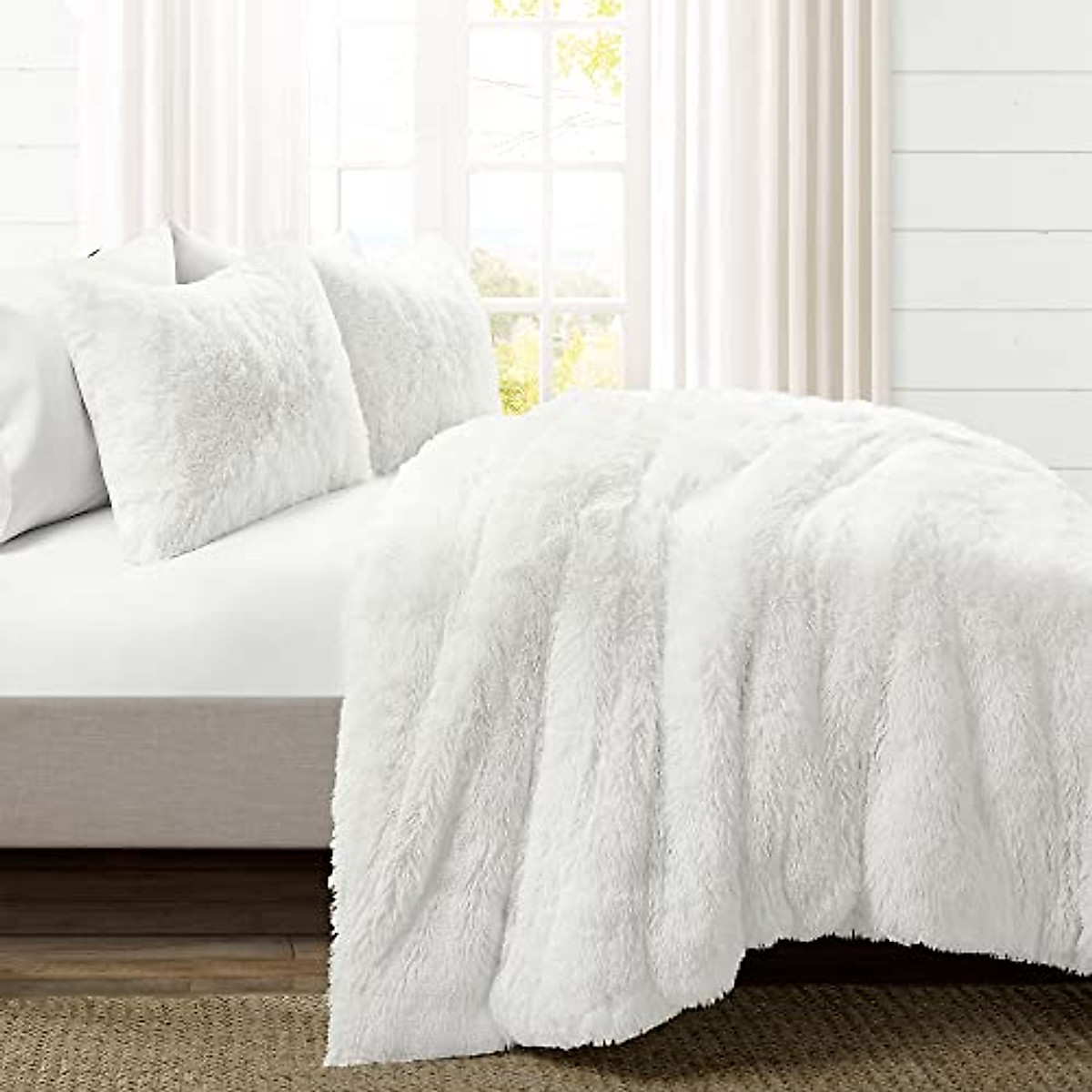 Lush Decor Emma Soft Fluffy Faux Fur Oversized Duvet Cover Set, Full/Queen, White - Warm Plush 3 Piece Bedding Set