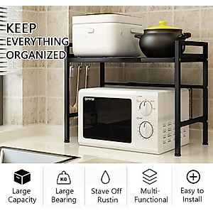 Expandable Microwave Oven Rack, 2 Tiers Metal Heavy Duty Microwave Stand, Adjustable Countertop Kitchen Organizer with 3 Hooks (Black, H-frame 2 tier)